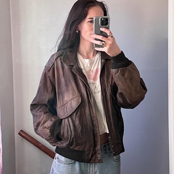 Jackets & Coats | Vintage Worn Leather Bomber Jacket Brown Oversized ...